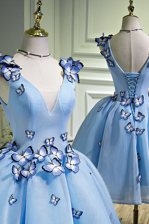 Blue Butterfly Evening Dress Girls Classmates Graduation Party Birthda